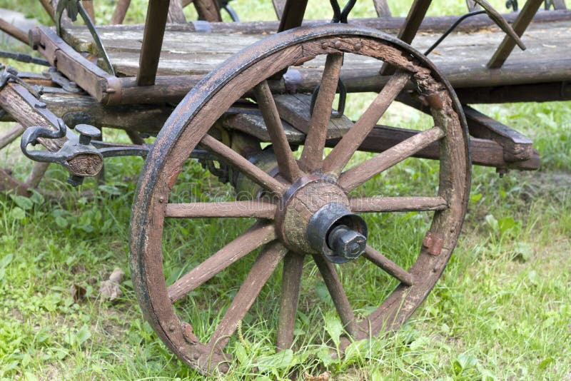 Old Rustic Wagon Wheel beside a Red Barn. Stock Image - Image of ...