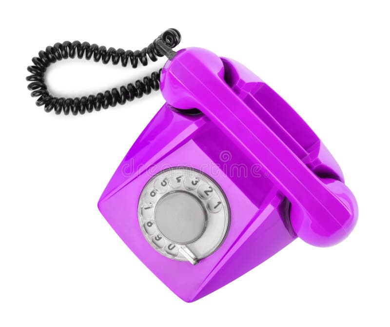 Old Violet Telephone with Rotary Dial Isolated on White, Top View Stock ...
