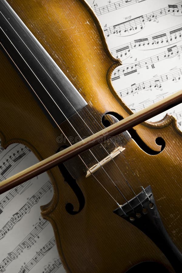 Old Violin and Bow on Notation Sheets Closeup Stock Photo - Image of ...