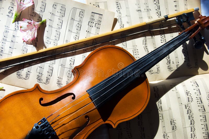 Old Violin, Fiddle-stick and Music Sheet Stock Photo - Image of flower ...