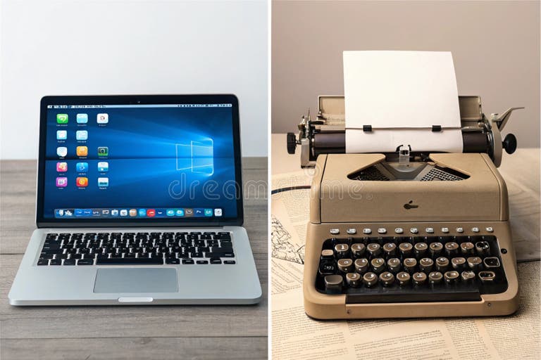 Old Vs New Technology. Modern Computer and Typewriter- Generated by Ai ...