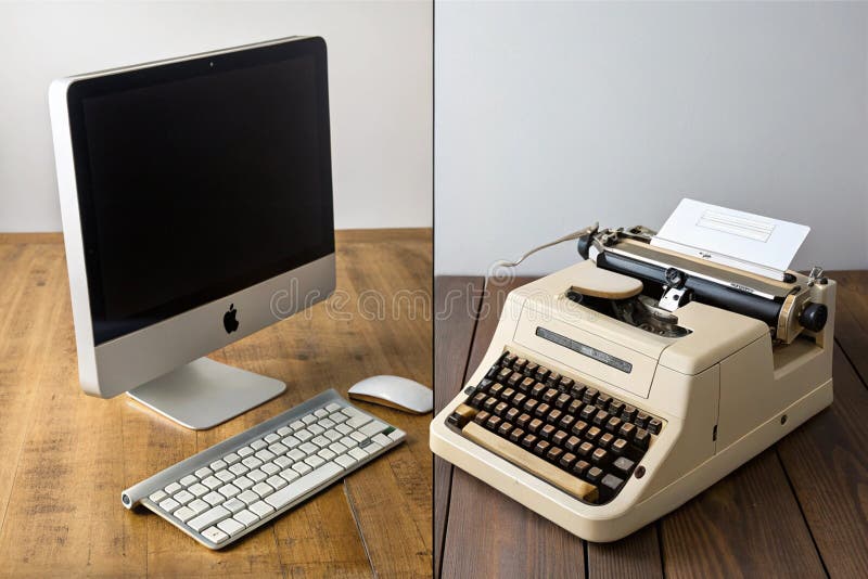 Old Vs New Technology. Modern Computer and Typewriter- Generated by Ai ...