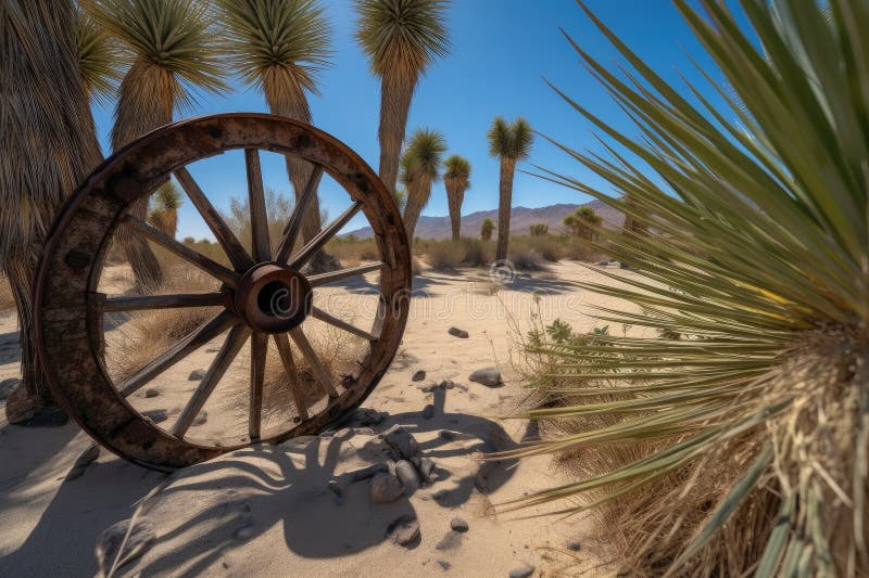 Old Wagon Wheel Lying on the Sand in Desert Oasis Stock Illustration ...
