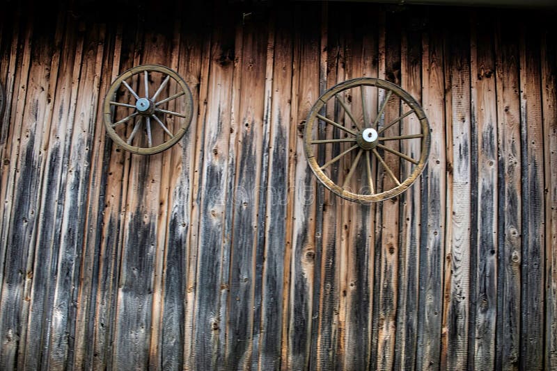 Old Wagon Wheel on Wooden Wall Stock Photo - Image of farm, round ...
