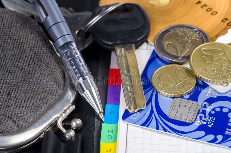 The Old Wallet, Pen, Diary, Key, Credit Cards and Coins Stock Image ...