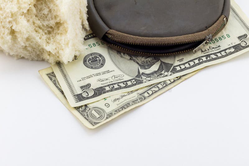 Old Wallet / Purse with Dollar Notes and a Crust of Bread Stock Image ...