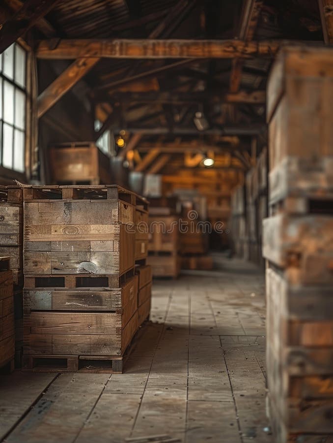 An Old Warehouse with Stacked Wooden Crates. Stock Image - Image of ...