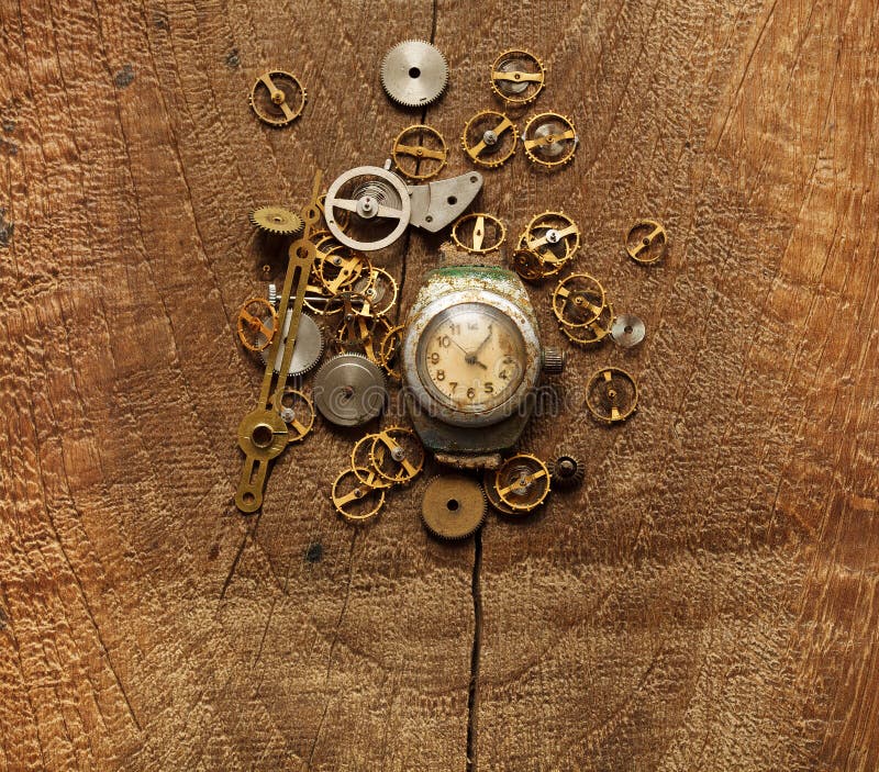 Old Watches and Gears on Wooden Background Stock Photo - Image of steel ...