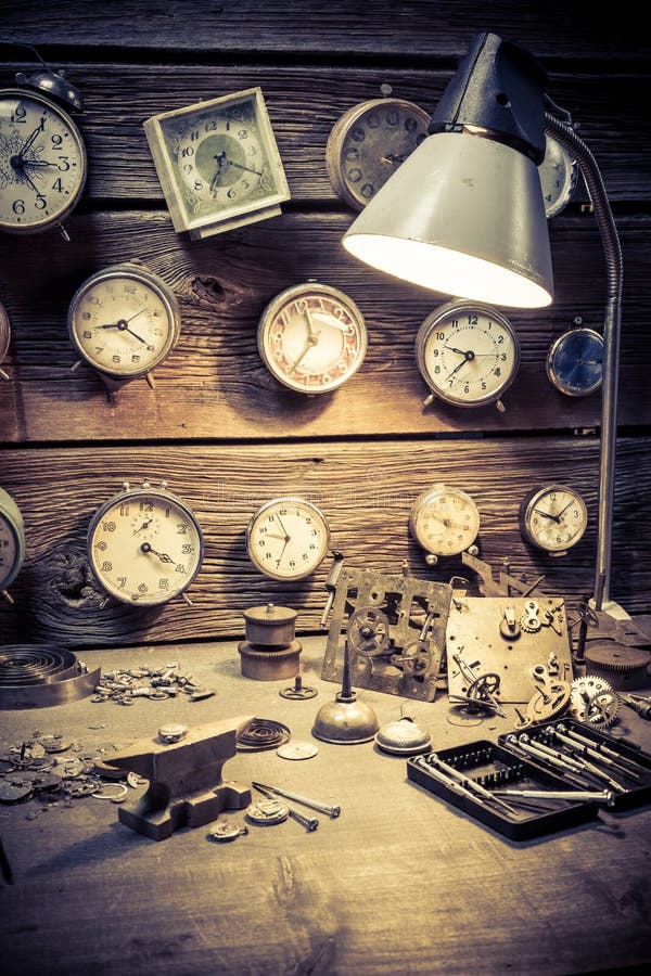 Old Watchmaker S Workshop with Damaged Clocks Stock Image - Image of ...