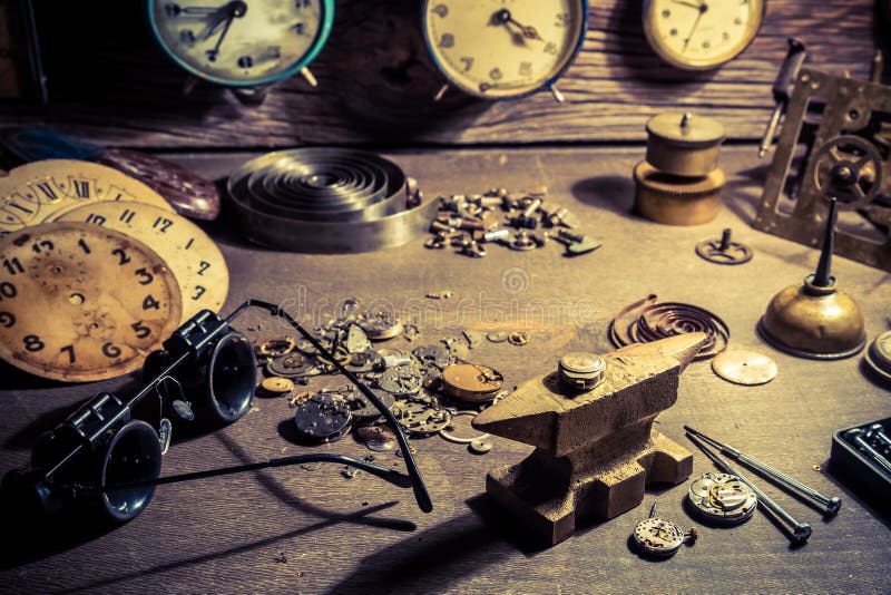 Old Watchmaker S Workshop with Parts of Clocks Stock Image - Image of ...