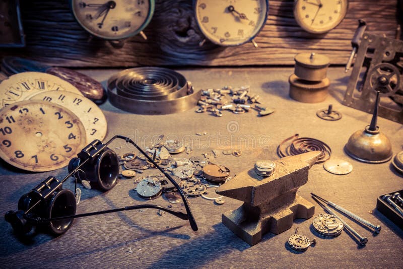 Watchmaker S Workshop with Many Clocks Stock Image - Image of bench ...