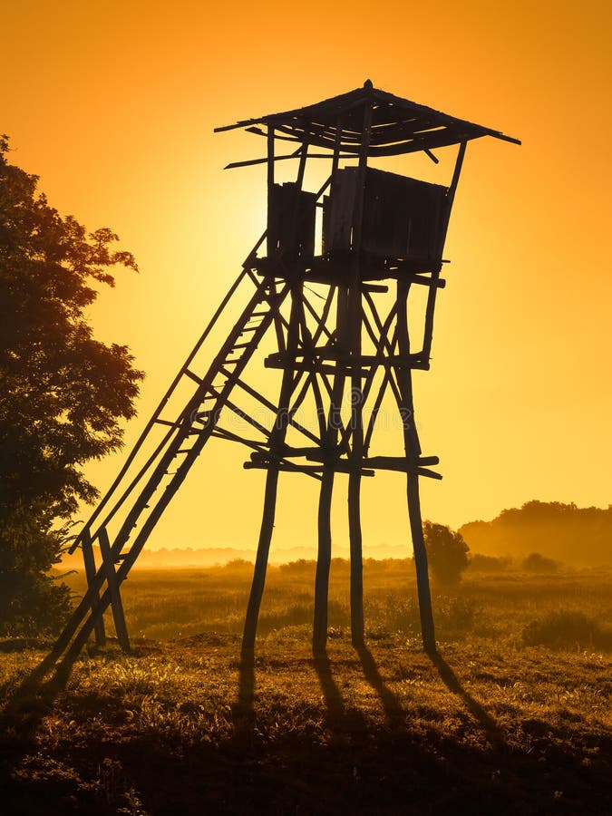 Old Watchtower Towards the Setting Sun Stock Image - Image of pond ...