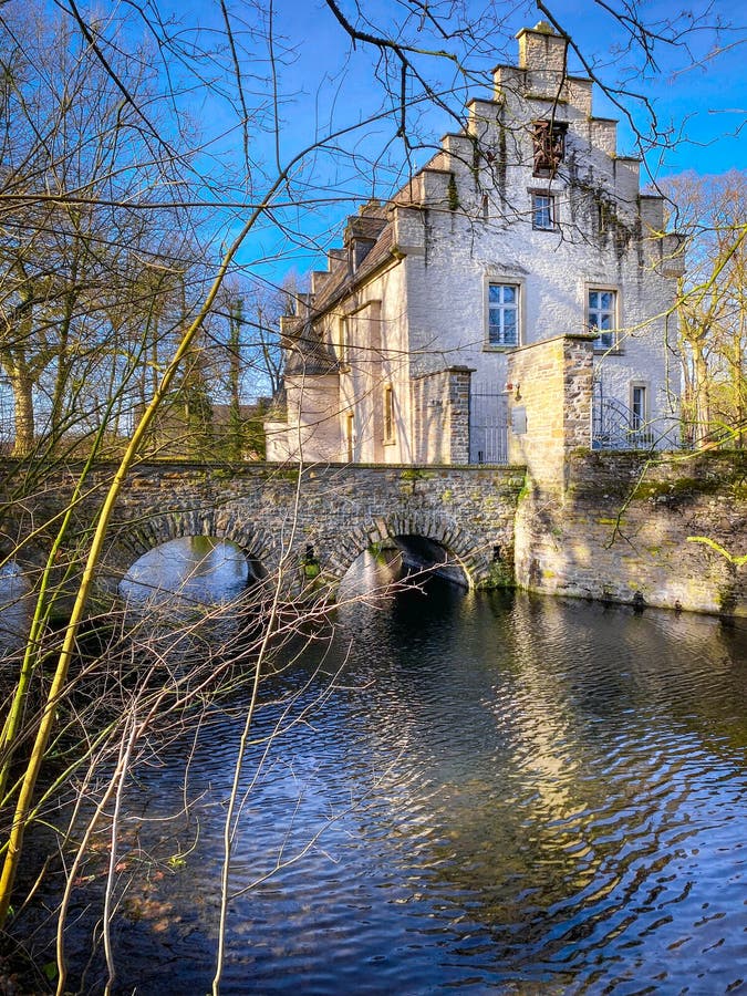 Old Water Castle with Trees and Reflections in Water Stock Image ...