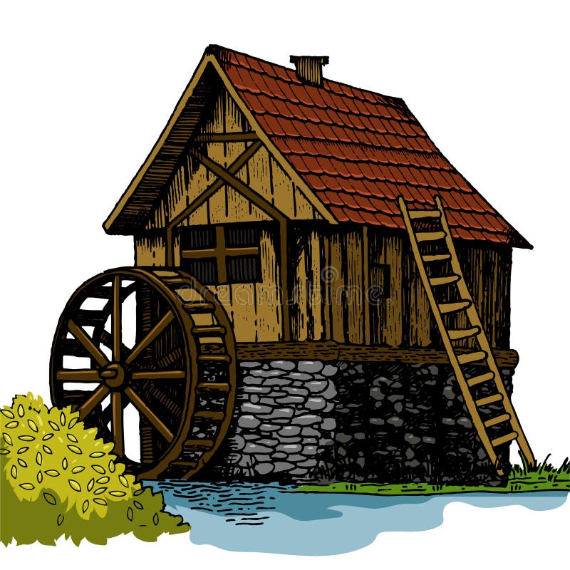 Old Water Mill Engraving Style Vector Illustration Stock Vector ...