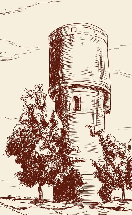 Water Tower Freehand Drawing Stock Illustration - Illustration of mesh ...