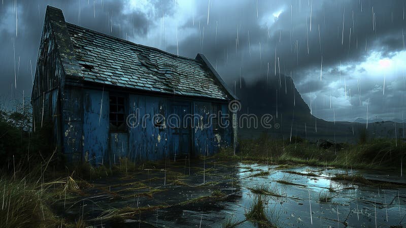 An Old, Weathered Blue Cabin in Heavy Rain, Surrounded by Wild Grass ...