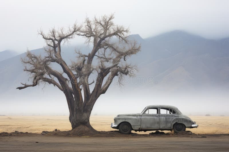 An Old, Weathered Car Parked beside a Bare Tree with Sprawling Branches ...