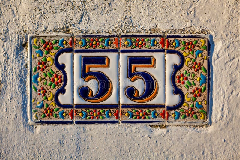 Old Weathered House Number 55, Tile on Wall Stock Image - Image of blue ...