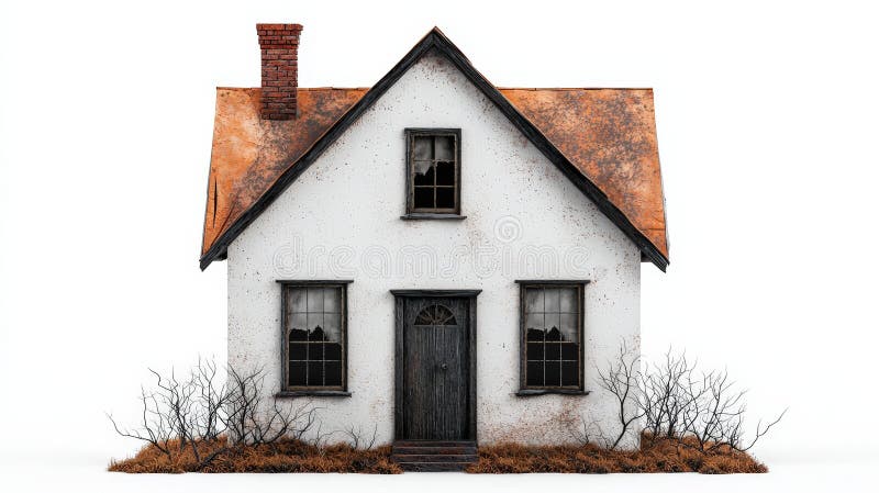 Old Weathered House with a Rusty Roof on Isolated White Background ...