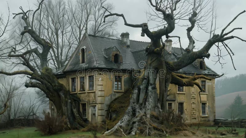 An Old, Weathered House Stands Behind a Twisted Tree, a Haunted House ...