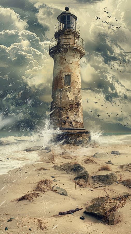 Old, Weathered Lighthouse on a Sandy Beach during a Storm Generated by ...