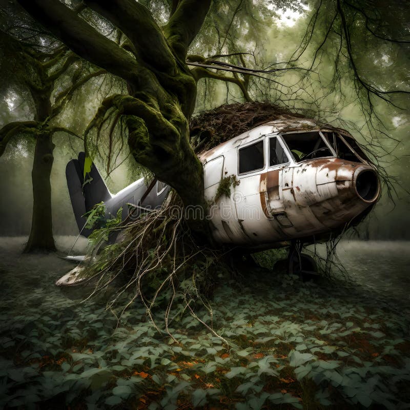 Old Plane Crashed into a Tree - Ai Generated Image Stock Illustration ...