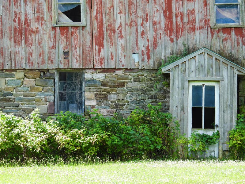Historic Weathered Old Red Livestock Barn with Fieldstone Foundation ...