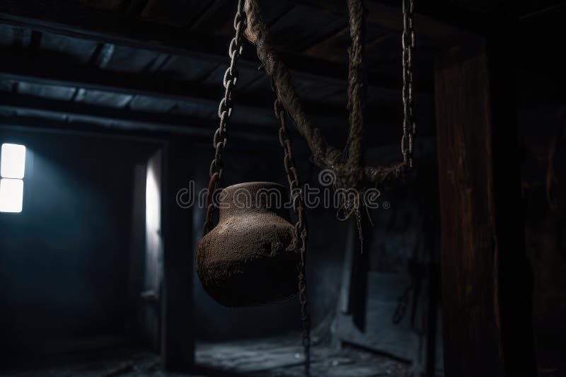 Old Weight Hanging from a Rope in a Dark and Spooky Dungeon Stock ...