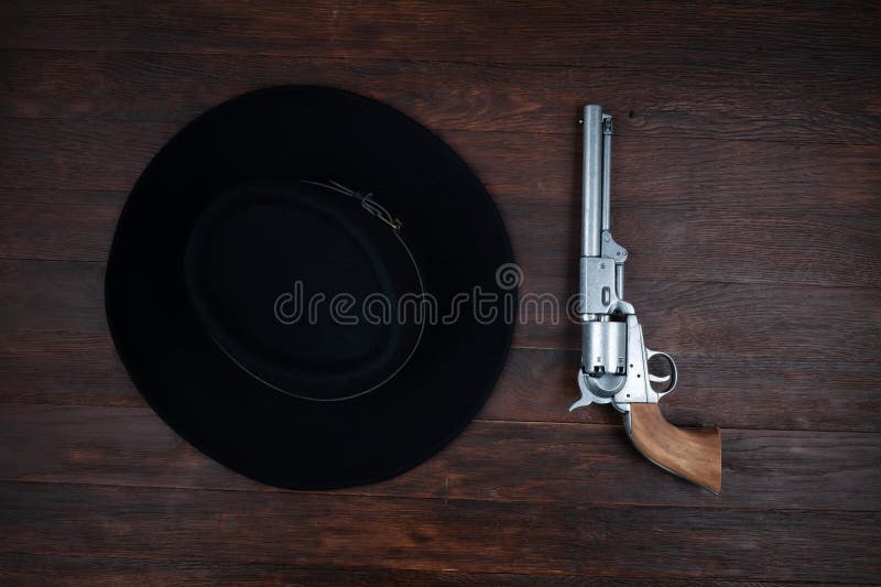 Old West Gun and Hat on Table. Top View Stock Photo - Image of american ...