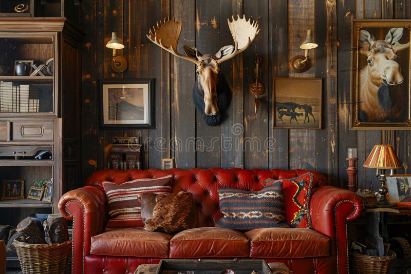 Old Western Living Room Decorated with Moose Head Stock Illustration ...