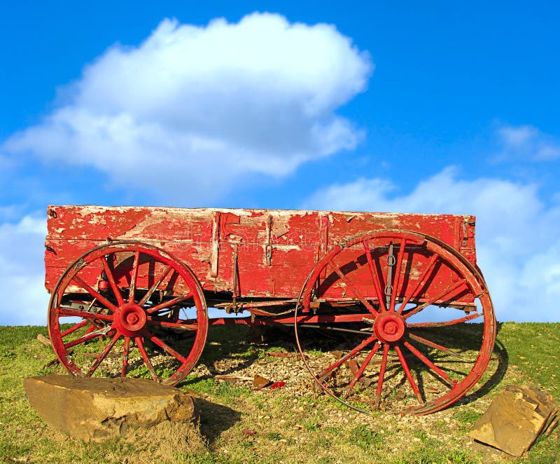 Old Rustic Wagon Wheel beside a Red Barn. Stock Image - Image of ...