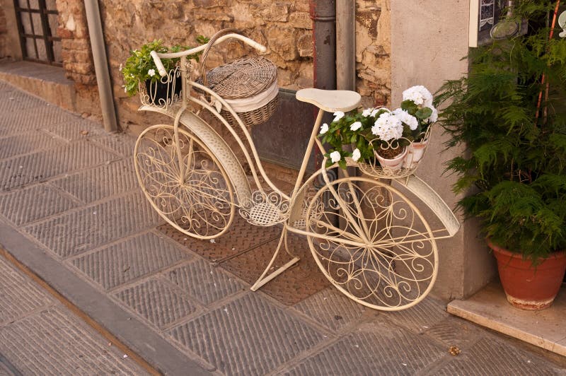 An Old White Bike on the Street Stock Photo - Image of cycle, flower ...