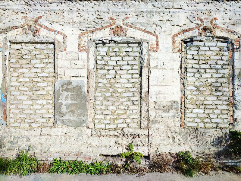 Old White Brick Wall with Three Bricked Windows Stock Photo - Image of ...