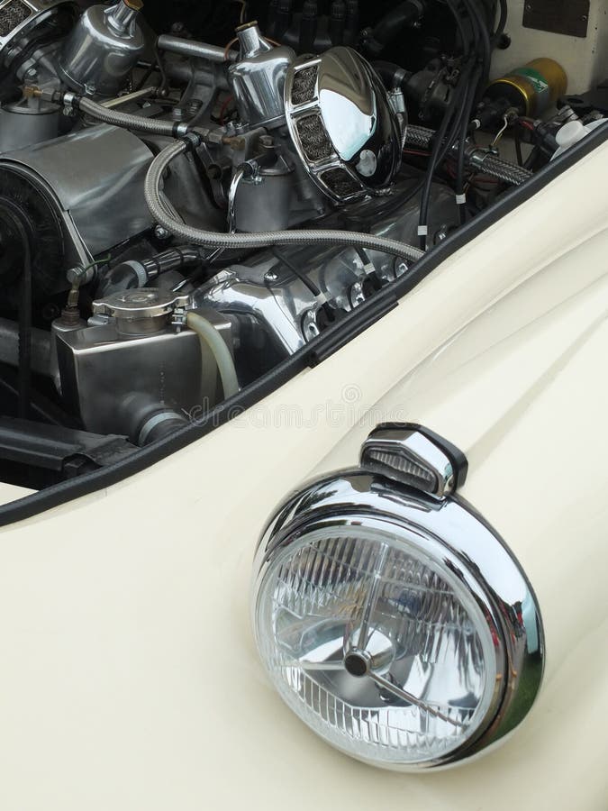 Old White Car with the Engine Visible Stock Image - Image of bonnet ...