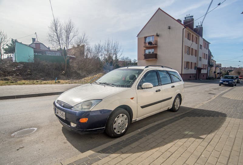 Old White Compact Car Ford Focus First Generation Parked Editorial ...