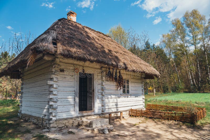 Old Log House with Thatched Roof, Traditional Rural Architecture Stock ...