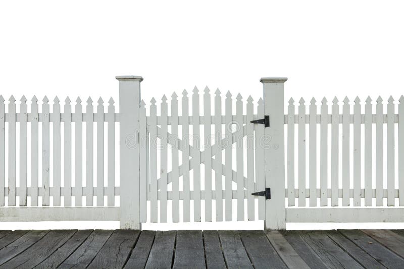 Old White Picket Fence with Gate and Wood Sidewalk Isolated on White ...