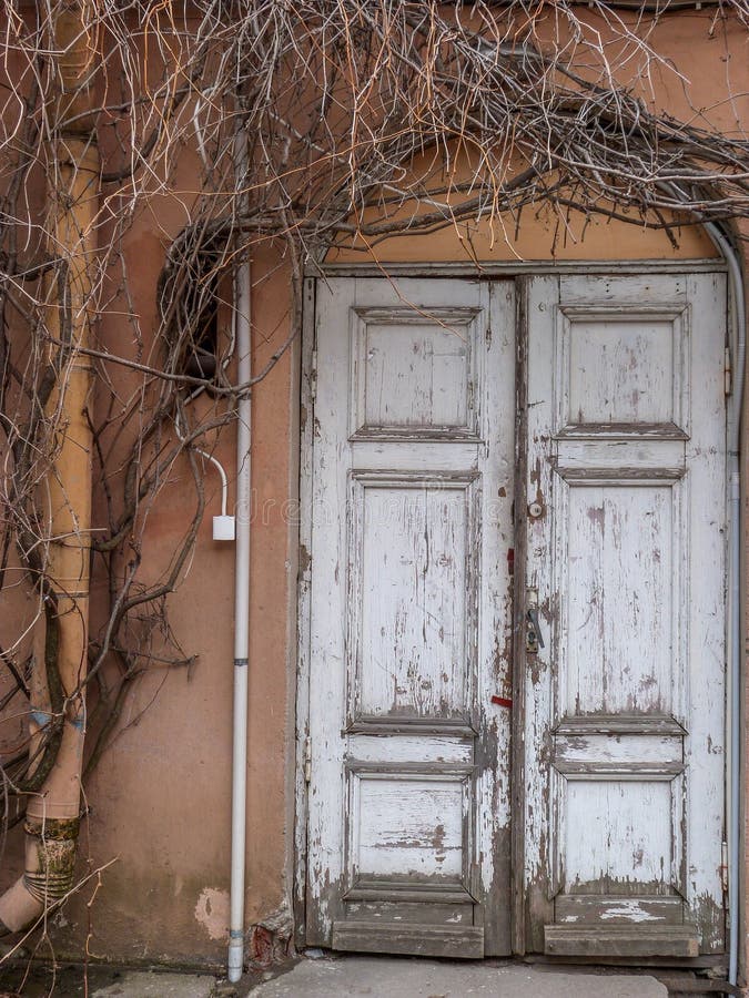 Old White Rustic Wooden Door In Historic Building Stock Photo - Image ...