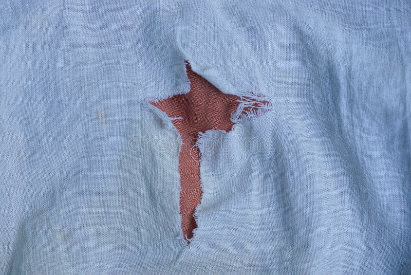 Old White Torn Fabric with a Big Red Hole Stock Image - Image of ...