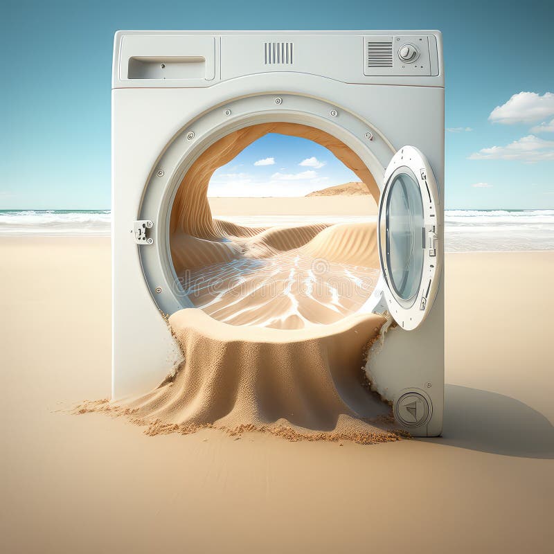 Old White Washing Machine Standing on Sand on the Beach. Blue Ocean ...