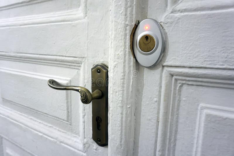 Old White Wooden Door with a Handle and a Modern Lock Stock Image ...