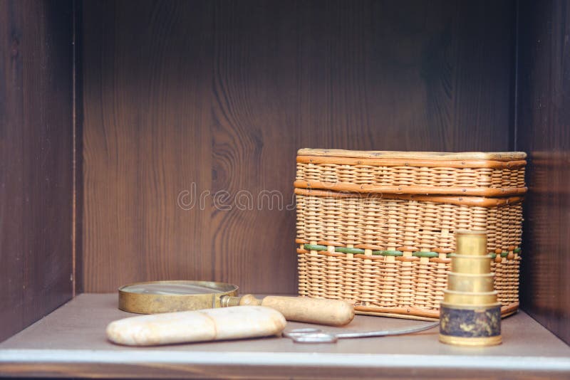 Old Wicker Basket and Vintage Sewing Tools, Scissors and Magnifying ...
