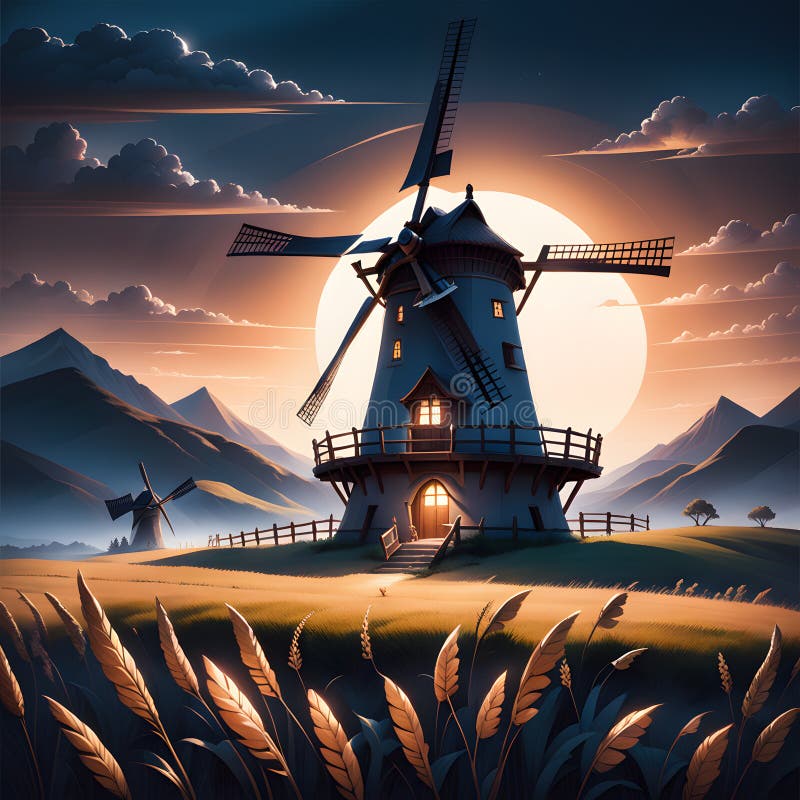 Old windmill, AI-Generatet stock illustration. Illustration of grinding ...