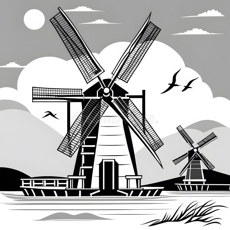 Old windmill, AI-Generatet stock illustration. Illustration of mill ...