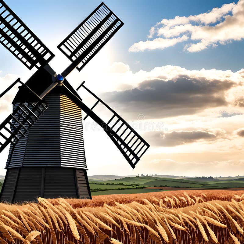 Old windmill, AI-Generatet stock illustration. Illustration of wing ...