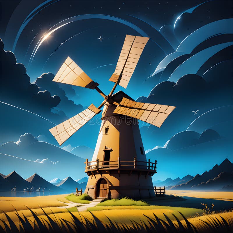 Old windmill, AI-Generatet stock illustration. Illustration of flour ...
