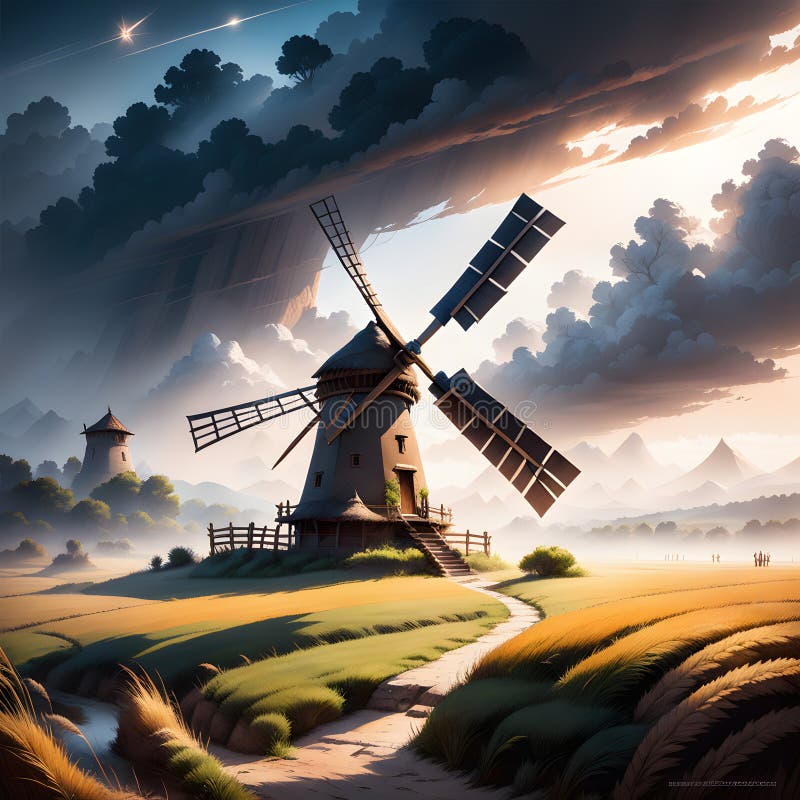 Old windmill, AI-Generatet stock illustration. Illustration of ...