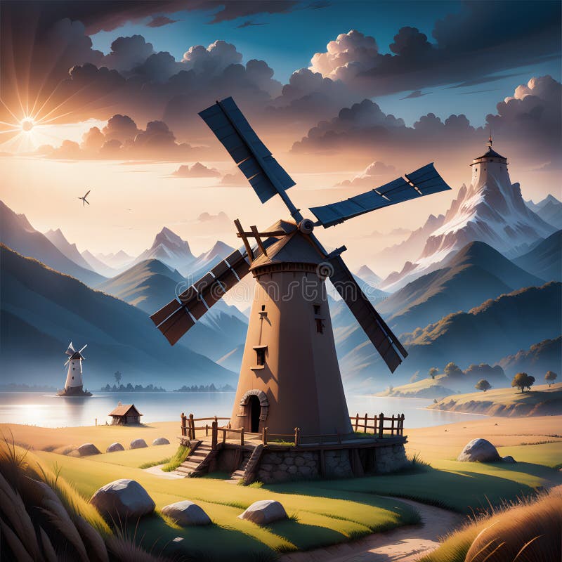 Old windmill, AI-Generatet stock illustration. Illustration of trees ...