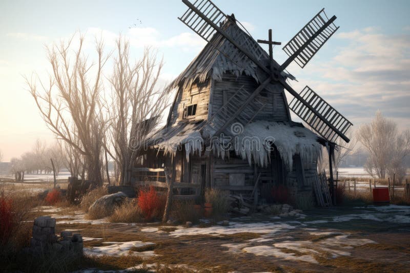 Old Windmill with Broken Blades in Disrepair Stock Illustration ...