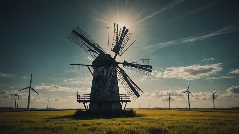 Old Windmill and Modern Wind Turbines in a Field Under a Sunny Sky with ...